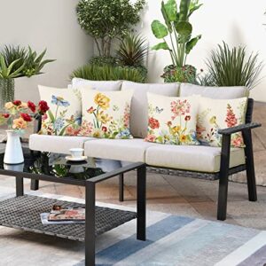 Bonhause Spring Floral Throw Pillow Covers 18x18 Set of 4 Garden Flower Decorative Pillows Case Polyester Linen Cushion Covers for Couch Sofa Garden Patio Decor