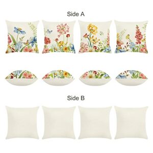 Bonhause Spring Floral Throw Pillow Covers 18x18 Set of 4 Garden Flower Decorative Pillows Case Polyester Linen Cushion Covers for Couch Sofa Garden Patio Decor