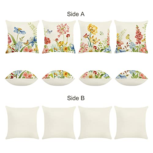 Bonhause Spring Floral Throw Pillow Covers 18x18 Set of 4 Garden Flower Decorative Pillows Case Polyester Linen Cushion Covers for Couch Sofa Garden Patio Decor