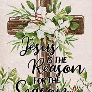 Covido Home Decorative Jesus is the Reason for the Season Easter Garden Flag, Religious Cross Lily Flowers Yard Outside Decorations, Outdoor Small Decor Double Sided 12x18