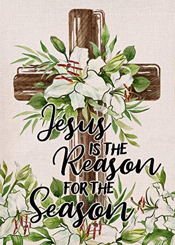 Covido Home Decorative Jesus is the Reason for the Season Easter Garden Flag, Religious Cross Lily Flowers Yard Outside Decorations, Outdoor Small Decor Double Sided 12x18