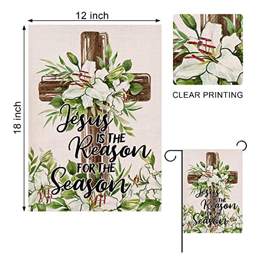 Covido Home Decorative Jesus is the Reason for the Season Easter Garden Flag, Religious Cross Lily Flowers Yard Outside Decorations, Outdoor Small Decor Double Sided 12x18