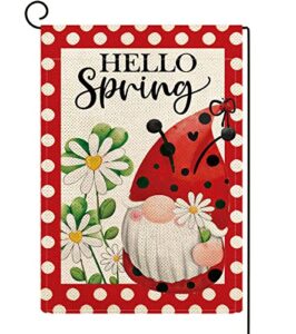 ortigia hello spring gnome garden flag ladybug gnome burlap double sided vertical 12×18 inch spring daisy floral yard decor spring porch flag farmhouse seasonal outdoor flag