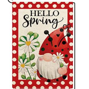 ORTIGIA Hello Spring Gnome Garden Flag Ladybug Gnome Burlap Double Sided Vertical 12x18 Inch Spring Daisy Floral Yard Decor Spring Porch Flag Farmhouse Seasonal Outdoor Flag