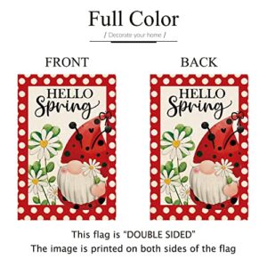 ORTIGIA Hello Spring Gnome Garden Flag Ladybug Gnome Burlap Double Sided Vertical 12x18 Inch Spring Daisy Floral Yard Decor Spring Porch Flag Farmhouse Seasonal Outdoor Flag