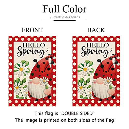 ORTIGIA Hello Spring Gnome Garden Flag Ladybug Gnome Burlap Double Sided Vertical 12x18 Inch Spring Daisy Floral Yard Decor Spring Porch Flag Farmhouse Seasonal Outdoor Flag