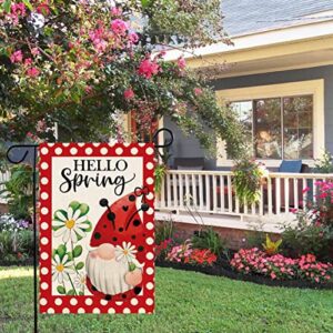 ORTIGIA Hello Spring Gnome Garden Flag Ladybug Gnome Burlap Double Sided Vertical 12x18 Inch Spring Daisy Floral Yard Decor Spring Porch Flag Farmhouse Seasonal Outdoor Flag