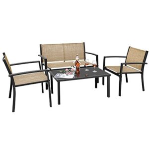 flamaker 4 pieces patio furniture outdoor furniture set textilene bistro set modern conversation set black bistro set with loveseat tea table for home, lawn and balcony (yellow)