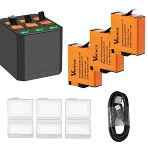 Vemico Battery Gopro Hero 7/6/5 1500mah Replacement Batteries (3 Pack) and 3-Channel LED Type C USB Charger for Gopro Hero 7 Black/Hero 6/Hero 5/Hero 2018, AHDBT-501(Fully Compatible with Original)