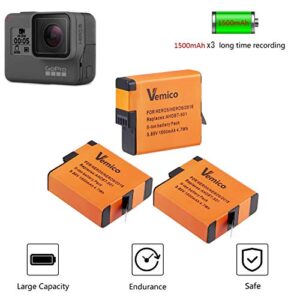 Vemico Battery Gopro Hero 7/6/5 1500mah Replacement Batteries (3 Pack) and 3-Channel LED Type C USB Charger for Gopro Hero 7 Black/Hero 6/Hero 5/Hero 2018, AHDBT-501(Fully Compatible with Original)