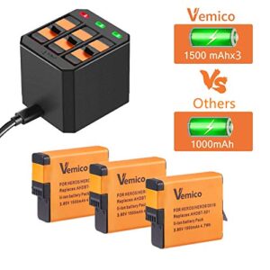 Vemico Battery Gopro Hero 7/6/5 1500mah Replacement Batteries (3 Pack) and 3-Channel LED Type C USB Charger for Gopro Hero 7 Black/Hero 6/Hero 5/Hero 2018, AHDBT-501(Fully Compatible with Original)