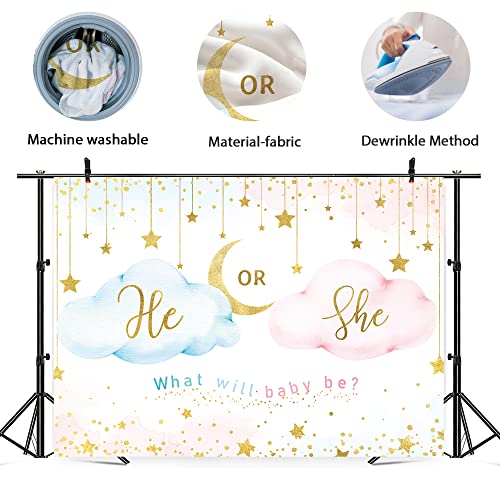 Newsely He Or She Gender Reveal Backdrop 7Wx5H Boy or Girl Pink Cloud What Will Baby Be Background Gold Stars Moon Cute Lovely Newborn Party Decorations Banner Photo Booth Props Birthday Supplies