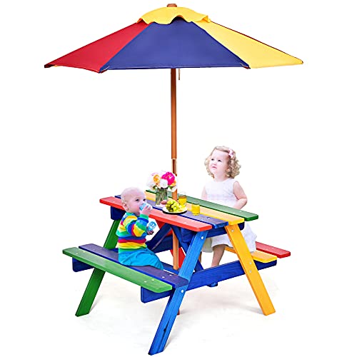 Costzon Kids Picnic Table, Wooden Table & Bench Set with Removable & Foldable Umbrella, Toddler Patio Set for Backyard, Garden, Children Girls & Boys Gift, Kids Table and Chair Set for Outdoors