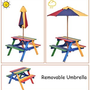 Costzon Kids Picnic Table, Wooden Table & Bench Set with Removable & Foldable Umbrella, Toddler Patio Set for Backyard, Garden, Children Girls & Boys Gift, Kids Table and Chair Set for Outdoors