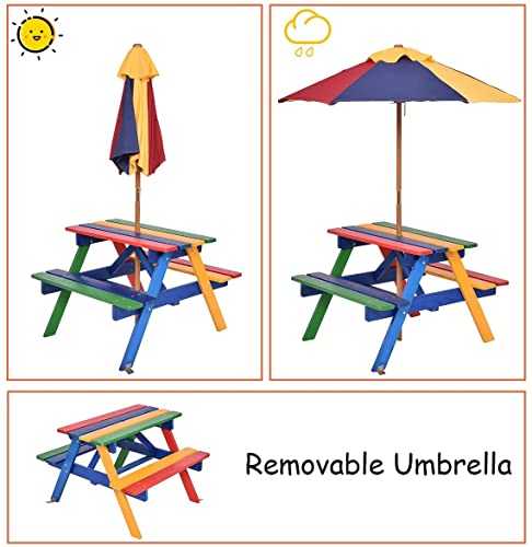 Costzon Kids Picnic Table, Wooden Table & Bench Set with Removable & Foldable Umbrella, Toddler Patio Set for Backyard, Garden, Children Girls & Boys Gift, Kids Table and Chair Set for Outdoors