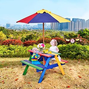 Costzon Kids Picnic Table, Wooden Table & Bench Set with Removable & Foldable Umbrella, Toddler Patio Set for Backyard, Garden, Children Girls & Boys Gift, Kids Table and Chair Set for Outdoors