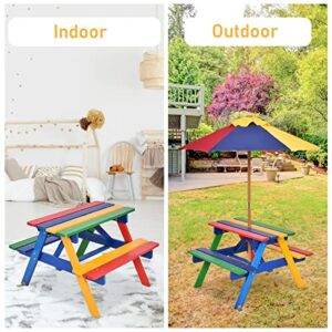 Costzon Kids Picnic Table, Wooden Table & Bench Set with Removable & Foldable Umbrella, Toddler Patio Set for Backyard, Garden, Children Girls & Boys Gift, Kids Table and Chair Set for Outdoors