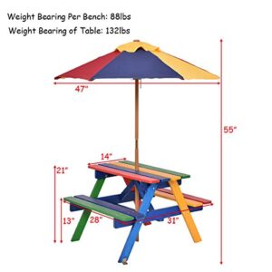 Costzon Kids Picnic Table, Wooden Table & Bench Set with Removable & Foldable Umbrella, Toddler Patio Set for Backyard, Garden, Children Girls & Boys Gift, Kids Table and Chair Set for Outdoors