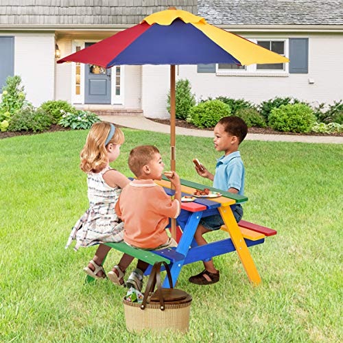 Costzon Kids Picnic Table, Wooden Table & Bench Set with Removable & Foldable Umbrella, Toddler Patio Set for Backyard, Garden, Children Girls & Boys Gift, Kids Table and Chair Set for Outdoors