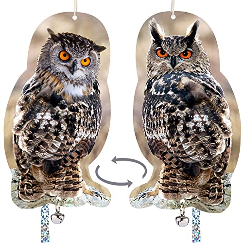 kungfu Mall Bird Scarer, 2 Pack Fake Owls to Keep Birds Away, Reflective Owl Hanging Decoration, Dual-Side Printed Raster Fake Hawk Eagle to Keep Birds Away from Garden Patio Windows