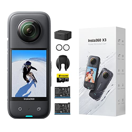 Insta360 X3 - Waterproof 360 Action Camera with 1/2" 48MP Sensors, 5.7K 360 Active HDR Video, 72MP 360 Photo, 4K Single-Lens, 60fps Me Mode, Stabilization, 2.29" Touchscreen, AI Editing, Battery Kit