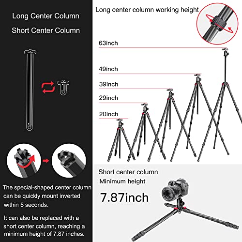 Manbily 63" Carbon Fiber DSLR Camera Tripod Monopod Kit,Compact and Lightweight,360-degree Panoramic Ball Head Quick Release Plate,5 Seconds Quickly Invert The Center Column,for Travel Work(YS-254C)