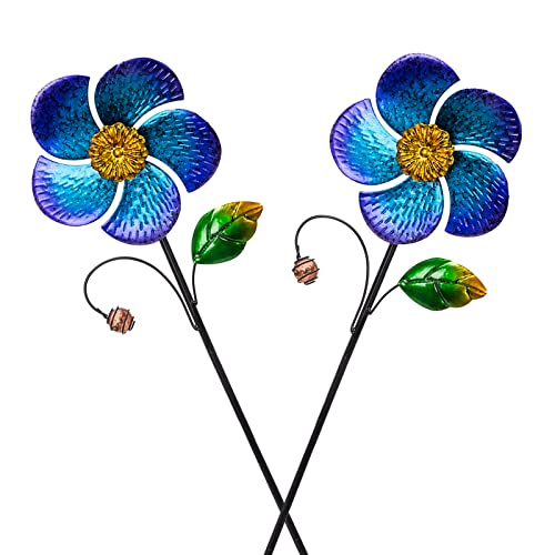 Viveta 2 Pack Wind Spinners with Metal Stake, 28.7 inches Outdoor Garden Pinwheels Spinners Blue Flower Shape Design for Yard Lawn Patio Decor