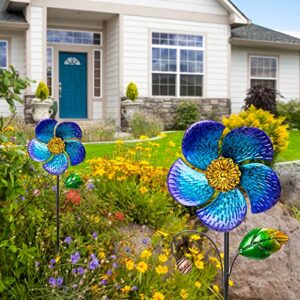 Viveta 2 Pack Wind Spinners with Metal Stake, 28.7 inches Outdoor Garden Pinwheels Spinners Blue Flower Shape Design for Yard Lawn Patio Decor