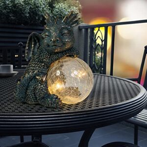 WONDER GARDEN Dragon Statue - Sleeping Dragon Figurines Solar Light Resin Garden Statues with Crackled Glass Globe Outdoor Waterproof Lawn Ornament Decor