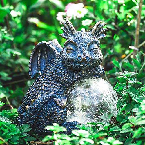 WONDER GARDEN Dragon Statue - Sleeping Dragon Figurines Solar Light Resin Garden Statues with Crackled Glass Globe Outdoor Waterproof Lawn Ornament Decor