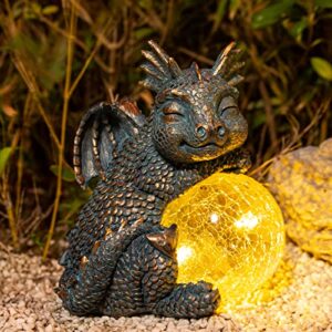 WONDER GARDEN Dragon Statue - Sleeping Dragon Figurines Solar Light Resin Garden Statues with Crackled Glass Globe Outdoor Waterproof Lawn Ornament Decor