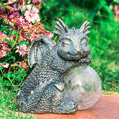 WONDER GARDEN Dragon Statue - Sleeping Dragon Figurines Solar Light Resin Garden Statues with Crackled Glass Globe Outdoor Waterproof Lawn Ornament Decor