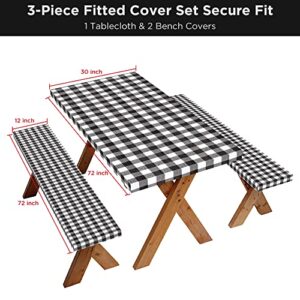 Outdoor Picnic Table Covers with Bench Covers Set - Waterproof/Elastic/Easy to Fitted for Camping/Tablecloth/Patio/Garden- (Black and White 3pcs )