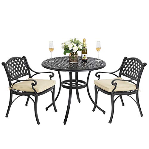 Nuu Garden 3 Pieces Outdoor Patio Dining Sets with Cushions, Cast Aluminum Patio Table and Chairs All-Weather Outdoor Furniture for Yard, Balcony, Black with Antique Bronze at The Edge and Biege