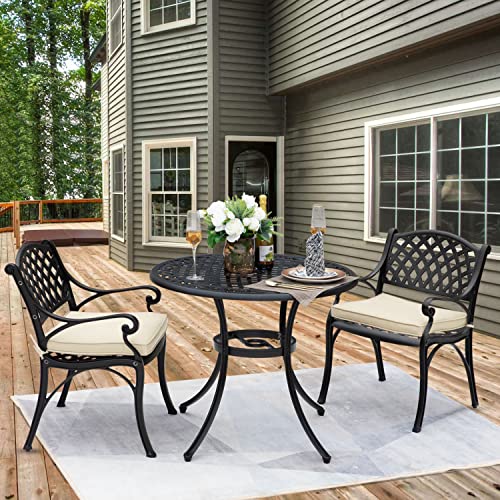 Nuu Garden 3 Pieces Outdoor Patio Dining Sets with Cushions, Cast Aluminum Patio Table and Chairs All-Weather Outdoor Furniture for Yard, Balcony, Black with Antique Bronze at The Edge and Biege