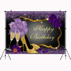 Aperturee 7x5FT Sweet Purple Happy Birthday Backdrop Rose Shiny Sequin High Heels Champagne Golden Frame Glasses Photography Background Party Decorations Adults Women Photo Booth Props Banner