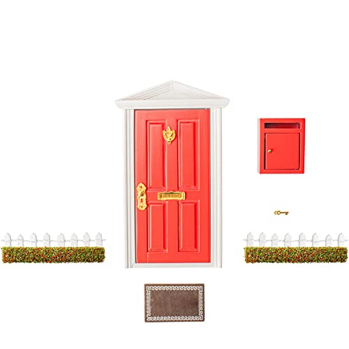 Miniature Magical Fairy Wooden Door with Mailbox Fence Shrub Strip and Welcome Doormat,Tooth Flower Fairies Secret Hidden Door for Mini House DIY Accessories Fairy Garden Decoration（Red）