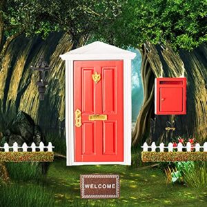 Miniature Magical Fairy Wooden Door with Mailbox Fence Shrub Strip and Welcome Doormat,Tooth Flower Fairies Secret Hidden Door for Mini House DIY Accessories Fairy Garden Decoration（Red）