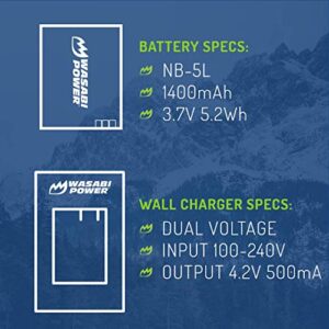 Wasabi Power Battery (2-Pack) and Charger for Canon NB-5L and Canon PowerShot S100, S110, SD700 IS, SD790 IS, SD800 IS, SD850 IS, SD870 IS, SD880 IS, SD890 IS, SD900 IS, SD950 IS, SD970 IS, SD990 IS, SX200 IS, SX210 IS, SX220 IS, SX230 HS