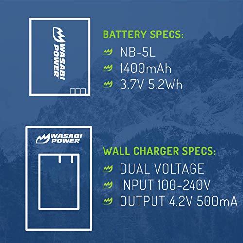 Wasabi Power Battery (2-Pack) and Charger for Canon NB-5L and Canon PowerShot S100, S110, SD700 IS, SD790 IS, SD800 IS, SD850 IS, SD870 IS, SD880 IS, SD890 IS, SD900 IS, SD950 IS, SD970 IS, SD990 IS, SX200 IS, SX210 IS, SX220 IS, SX230 HS