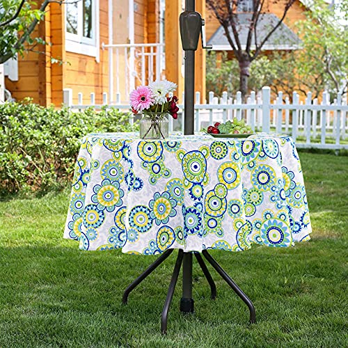 Lamberia Waterproof Tablecloth with Umbrella Hole, 60 Inch Round Tablecloth, Spring/Summer Table Cover for Garden(60" Round, Zippered, Light Blue)