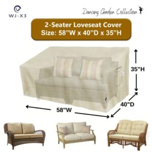 WJ-X3 2-Seater Outdoor Loveseat Covers, Heavy Duty Patio Couch Covers, Patio Sofa Covers Waterproof, High Wind Resistant Design for Outdoor Furniture Cover, 58W x 40D x 35H, Beige