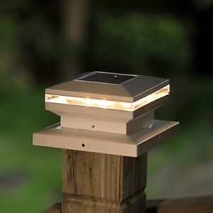 Dynaming 2 Pack Solar Post Lights, Outdoor Decorative Post Cap Light, Solar Powered White Shell Caps, High Brightness Warm White SMD LED Lighting for Fence Deck Patio, Fit 4x4, 5x5 or 6x6 Wooden Post