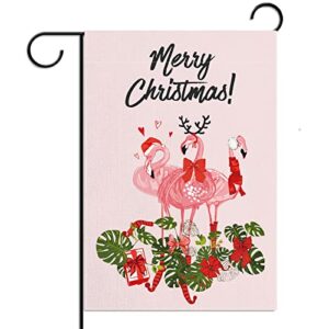 pink hawaiian tropical flamingo christmas garden flag 12.5×18” hawaii beach christmas xmas winter holiday decoration outdoor outside porch yard lawn