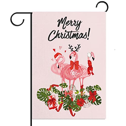 Pink Hawaiian Tropical Flamingo Christmas Garden Flag 12.5×18'' Hawaii Beach Christmas Xmas Winter Holiday Decoration Outdoor Outside Porch Yard Lawn