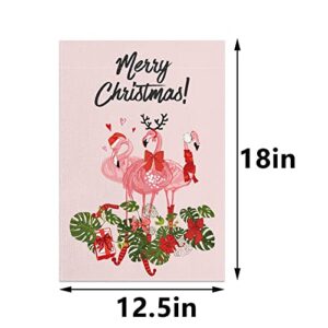 Pink Hawaiian Tropical Flamingo Christmas Garden Flag 12.5×18'' Hawaii Beach Christmas Xmas Winter Holiday Decoration Outdoor Outside Porch Yard Lawn