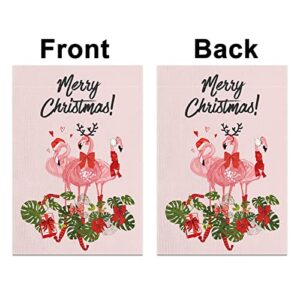 Pink Hawaiian Tropical Flamingo Christmas Garden Flag 12.5×18'' Hawaii Beach Christmas Xmas Winter Holiday Decoration Outdoor Outside Porch Yard Lawn