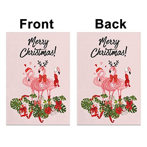 Pink Hawaiian Tropical Flamingo Christmas Garden Flag 12.5×18'' Hawaii Beach Christmas Xmas Winter Holiday Decoration Outdoor Outside Porch Yard Lawn