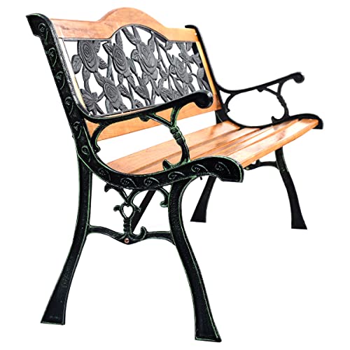 Tangkula Outdoor Garden Bench Park Bench, Patio Furniture Bench Chair with Cast Iron & Hardwood Structure, Weather Proof Porch Loveseat, Perfect for Backyard, Deck, Lawn, Poolside