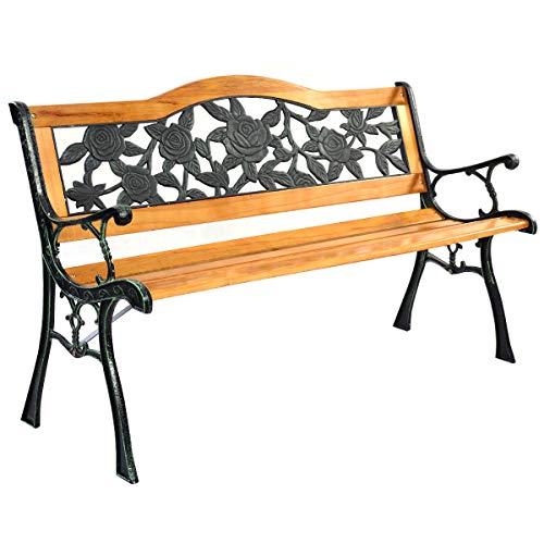 Tangkula Outdoor Garden Bench Park Bench, Patio Furniture Bench Chair with Cast Iron & Hardwood Structure, Weather Proof Porch Loveseat, Perfect for Backyard, Deck, Lawn, Poolside